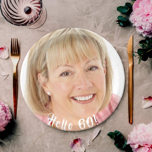 60th birthday photo hello 60 sixty paper plates | Zazzle