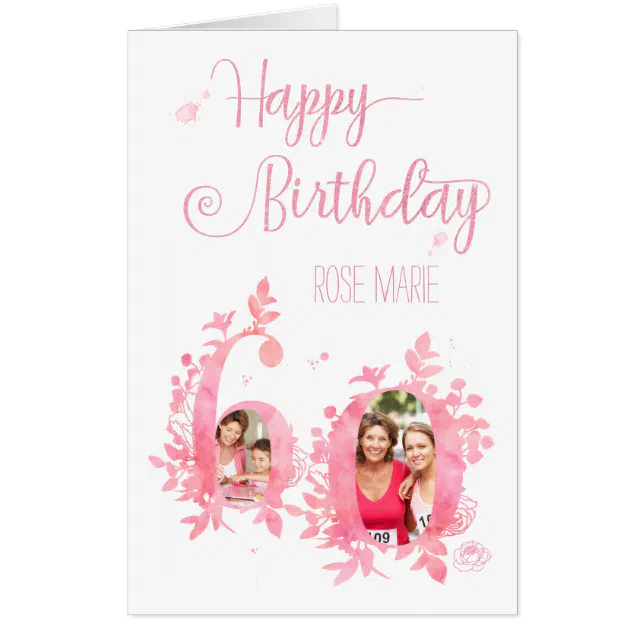 60th Birthday Pink Floral Numbers Jumbo Two Photo Card | Zazzle
