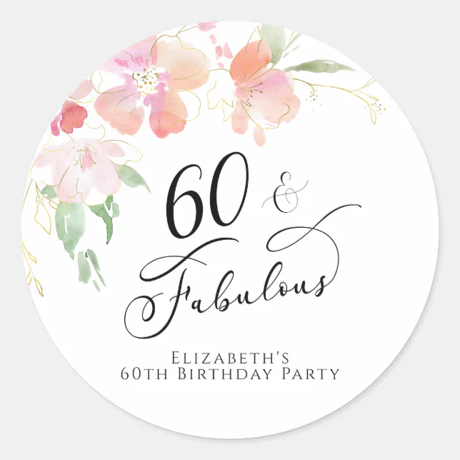 60th Birthday Pink Floral Watercolor Classic Round Sticker | Zazzle
