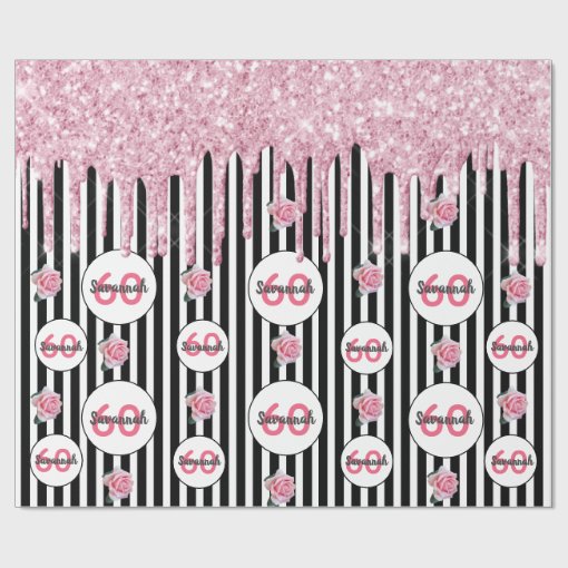 60th birthday pink glitter black white stripes wrapping paper | Zazzle