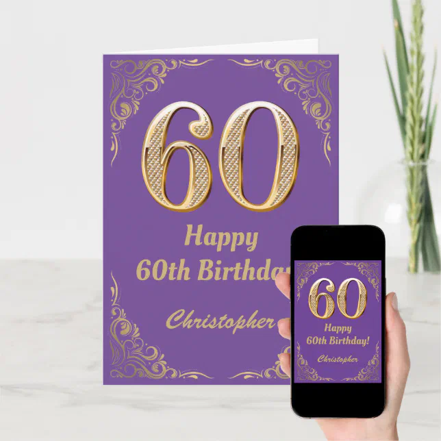 60th Birthday Purple and Gold Glitter Frame Card | Zazzle