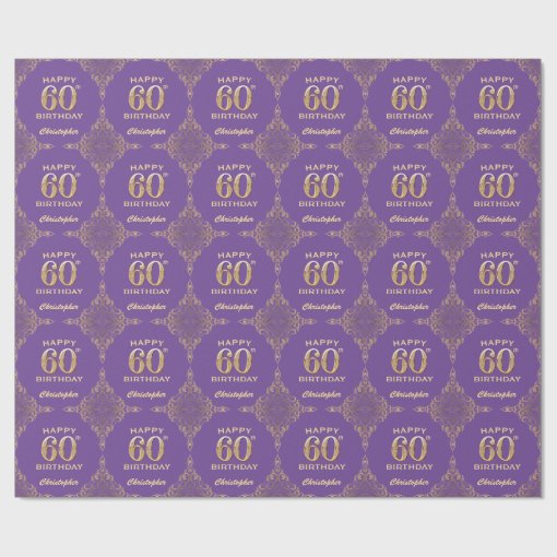 60th Birthday Purple and Gold Glitter Frame Wrapping Paper | Zazzle