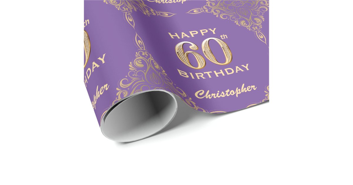 60th Birthday Purple and Gold Glitter Frame Wrapping Paper | Zazzle