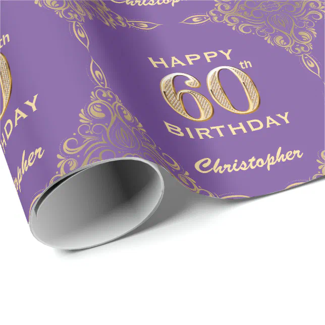 60th Birthday Purple and Gold Glitter Frame Wrapping Paper | Zazzle