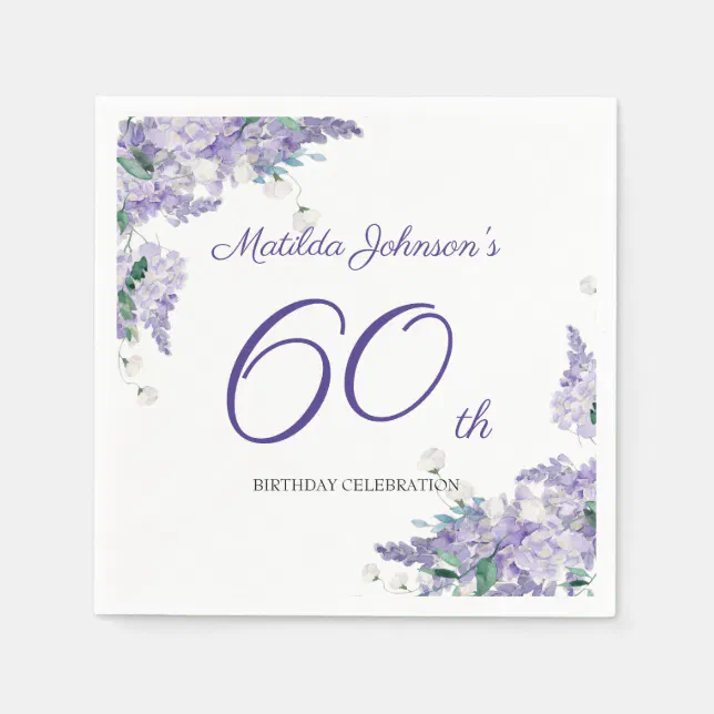 60th Birthday Purple Floral Wisteria Elegant White Napkins | Zazzle