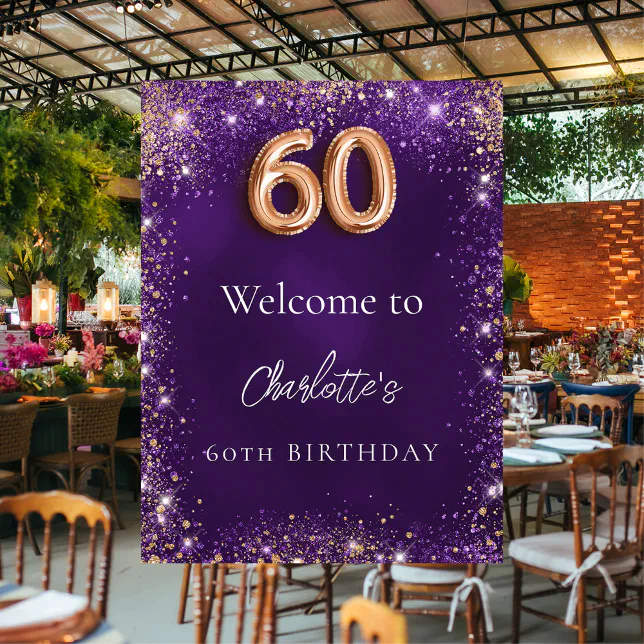 60th birthday purple glitter sparkles welcome poster | Zazzle