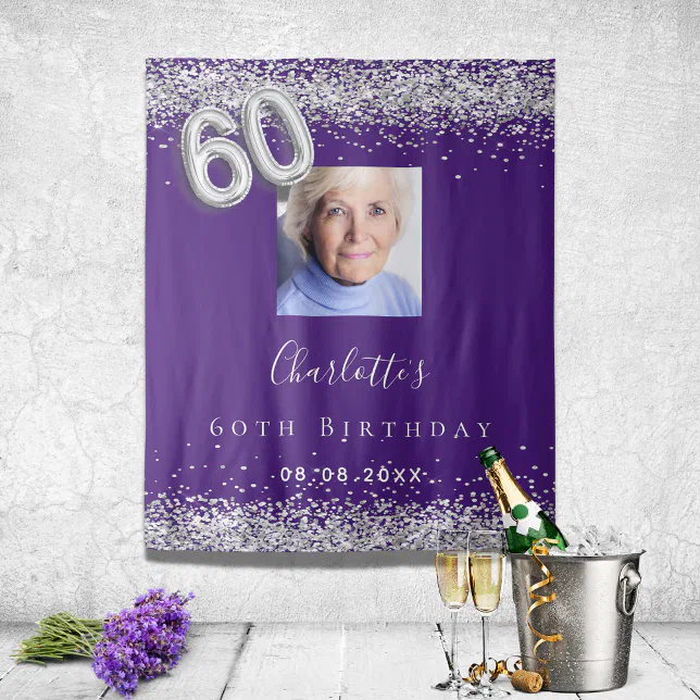 60th birthday purple silver photo glitter welcome tapestry | Zazzle