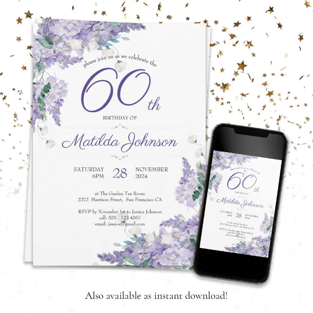 60th Birthday Purple Watercolor Floral Wisteria Invitation | Zazzle
