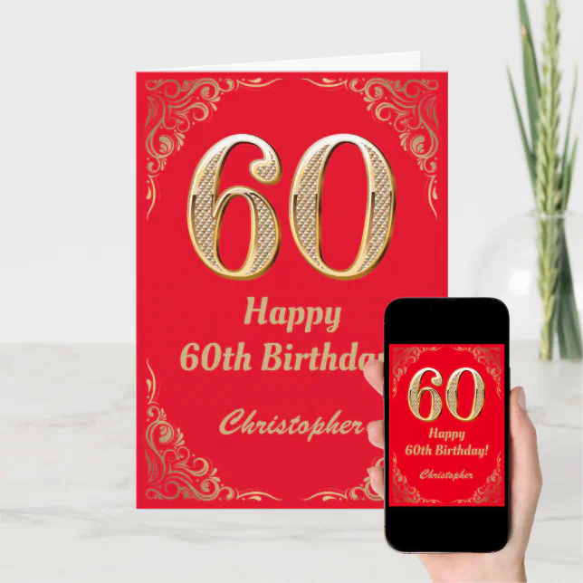 60th Birthday Red and Gold Glitter Frame Card | Zazzle