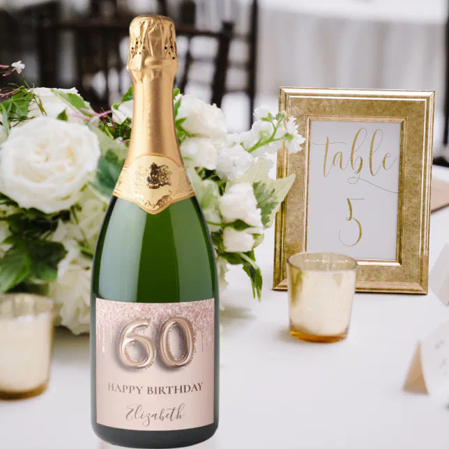 60th Birthday Rose Gold Glitter Pink Balloon Style Sparkling Wine Label
