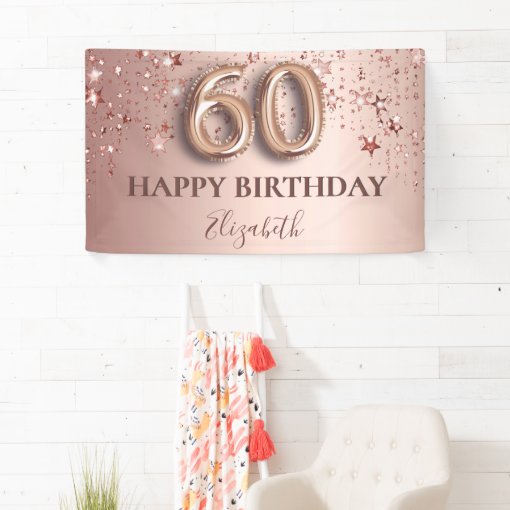 60th birthday rose gold pink stars balloon script banner | Zazzle