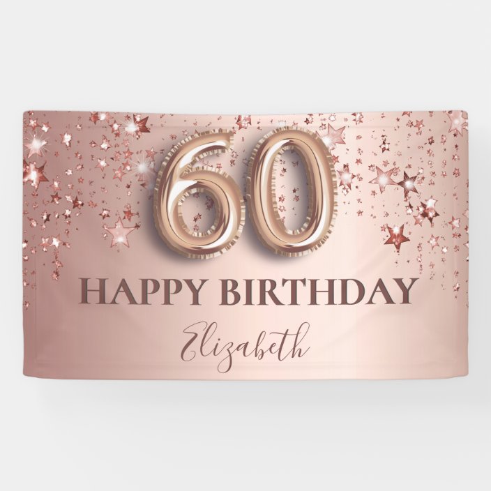 60th birthday rose gold pink stars balloon script banner | Zazzle