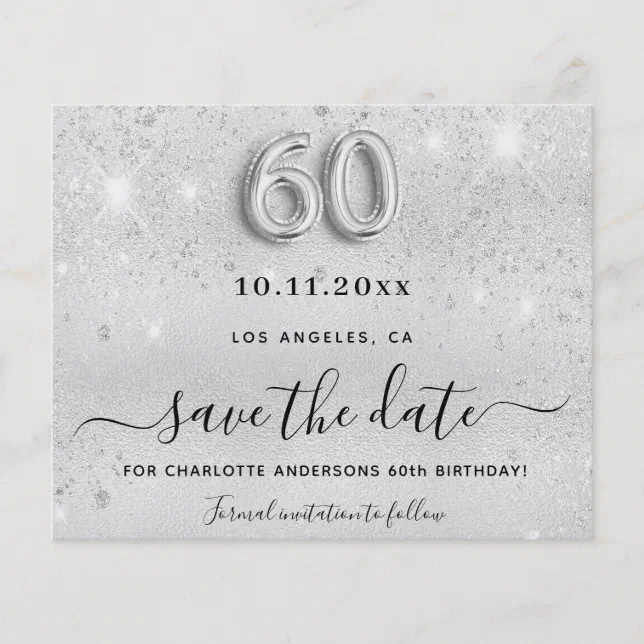 60th birthday silver glitter budget save the date flyer | Zazzle