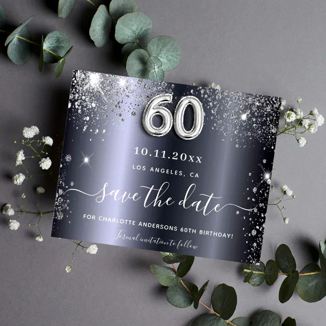 60th birthday silver glitter budget save the date flyer | Zazzle