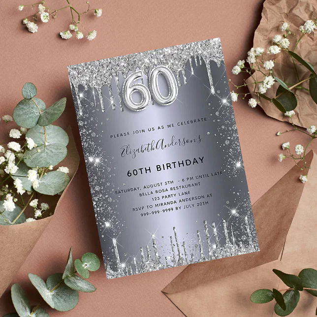60th birthday silver glitter drips glamorous invitation postcard | Zazzle