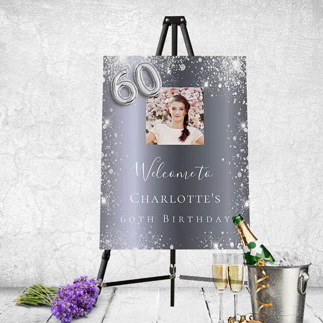 60th birthday silver glitter photo welcome foam board | Zazzle