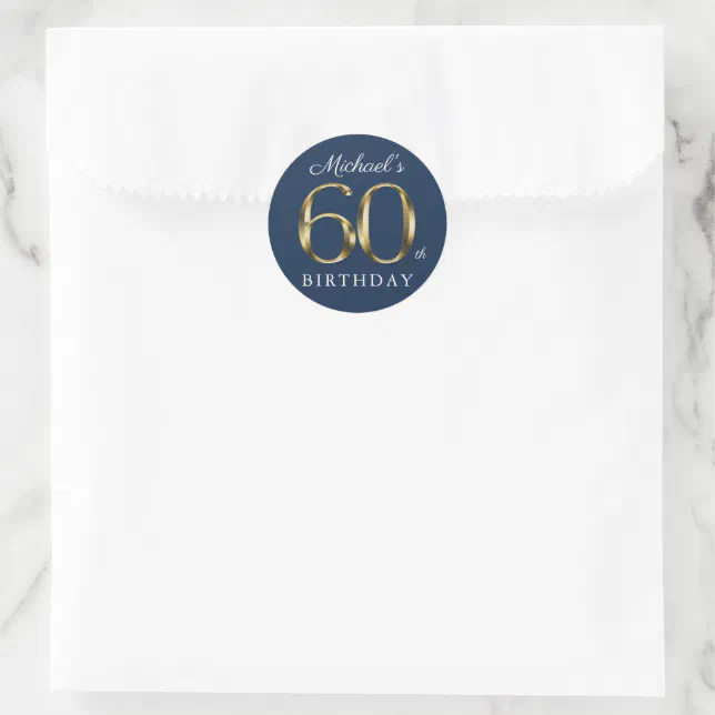 60th Birthday Solid Gold Text Navy Blue Custom Classic Round Sticker ...