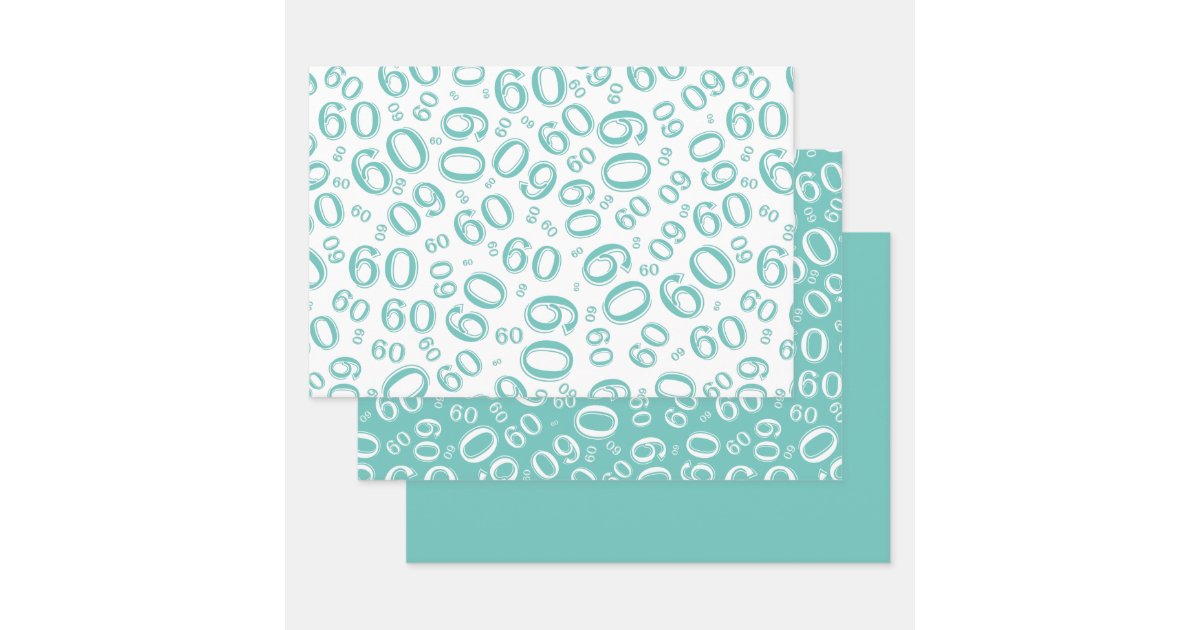 60th Birthday Teal & White Number Pattern 60 Wrapping Paper Sheets | Zazzle