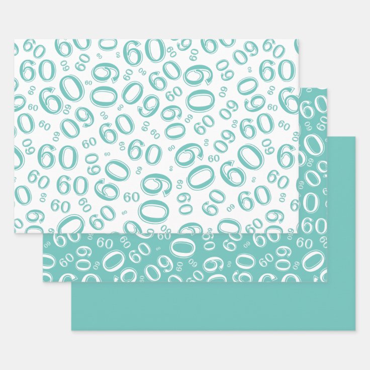 60th Birthday Teal & White Number Pattern 60 Wrapping Paper Sheets | Zazzle