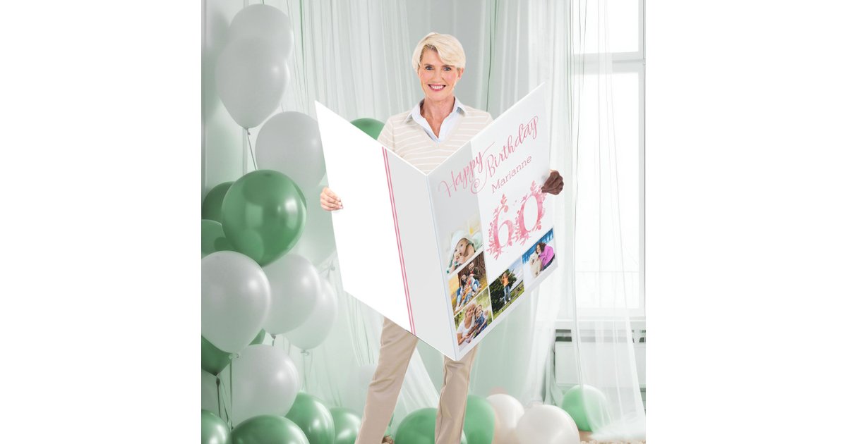 60th Birthday with 5 Photos and a Floral Number 60 Card | Zazzle