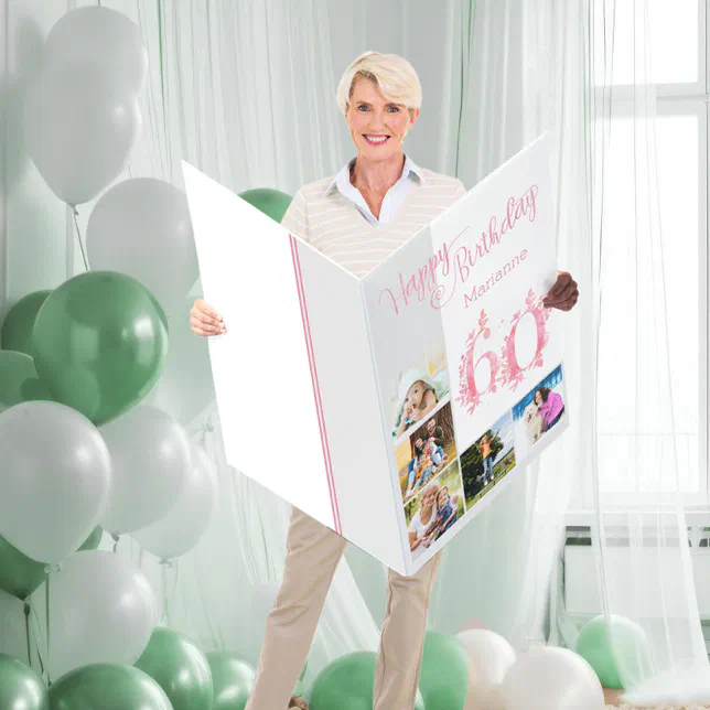 60th Birthday with 5 Photos and a Floral Number 60 Card | Zazzle