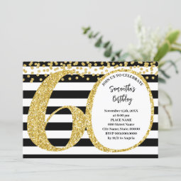 60th Black White and Gold Glitter Modern Birthday Invitation | Zazzle
