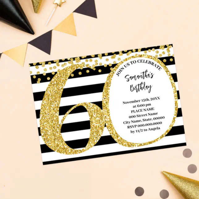 60th Black White and Gold Glitter Modern Birthday Invitation | Zazzle