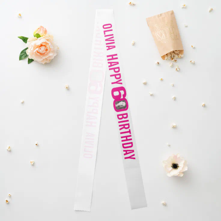 60th custom name photo pink text on white birthday sash | Zazzle