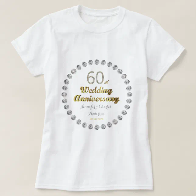 60th Diamond Wedding Anniversary Gold Typography T-Shirt | Zazzle