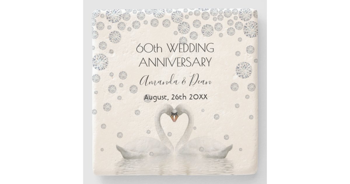 60th diamond wedding anniversary with white swans stone coaster | Zazzle