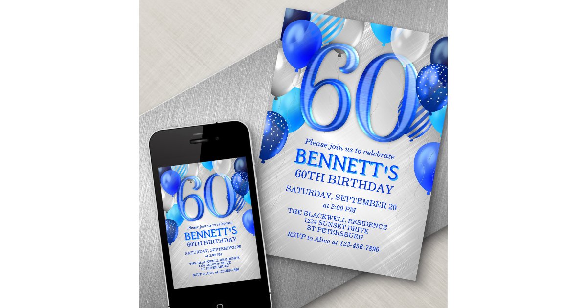60th Mens Blue Birthday Invitation | Zazzle