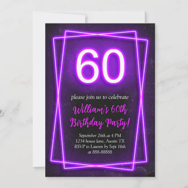 60th Neon Lights Retro Black Chic Sixty Birthday Invitation | Zazzle