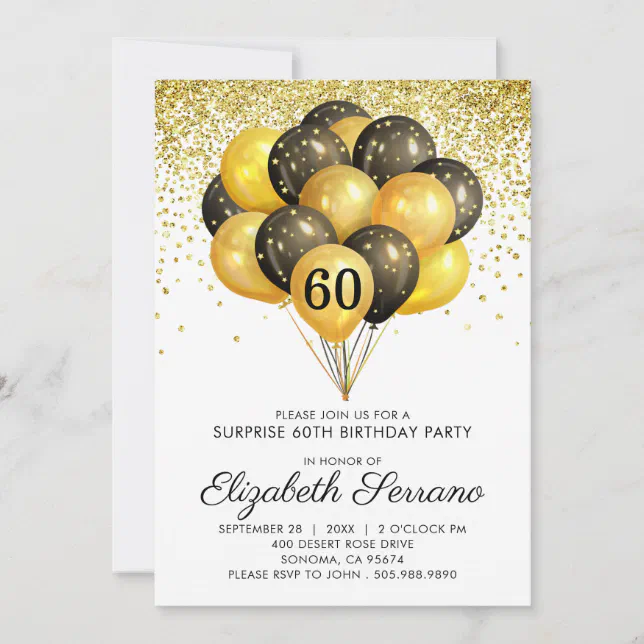 60th Surprise Birthday Black Gold Glitter Invitation | Zazzle