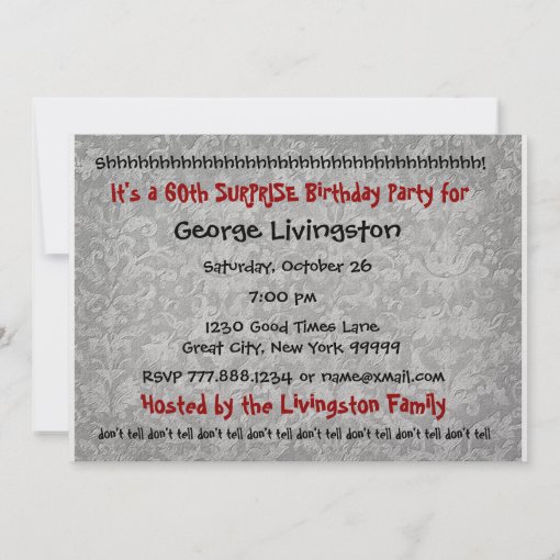 60th SURPRISE Birthday Silver Red Black Metallic Invitation | Zazzle