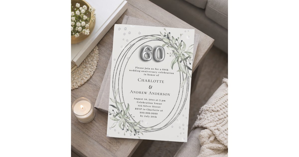60th wedding anniversary pearl gray greenery invitation | Zazzle