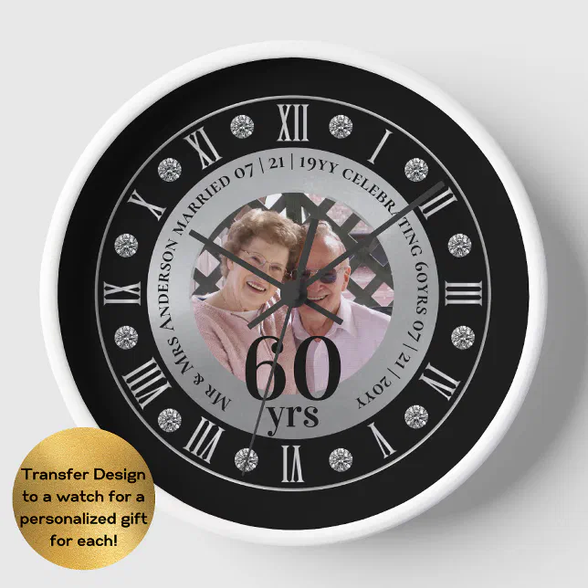 60th Wedding Anniversary PHOTO Gift Diamond Sixty Clock | Zazzle