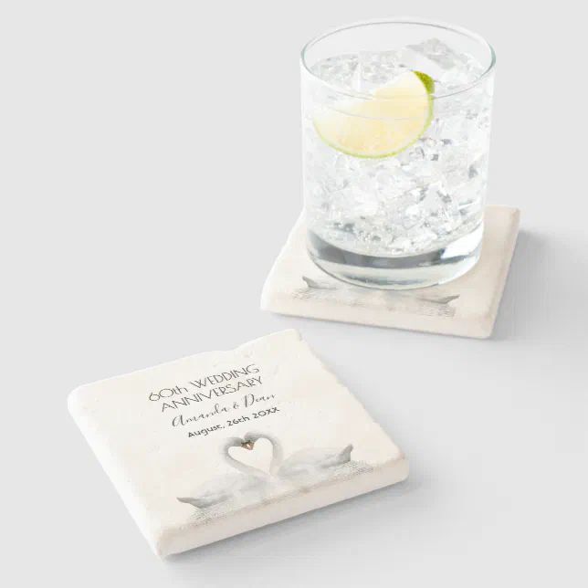 60th wedding anniversary romantic white swans stone coaster | Zazzle