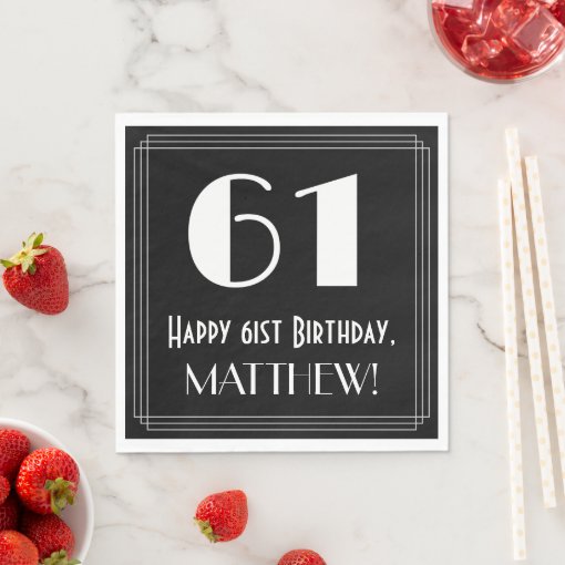 61st Birthday ~ Art Deco Inspired Look "61", Name Napkins | Zazzle