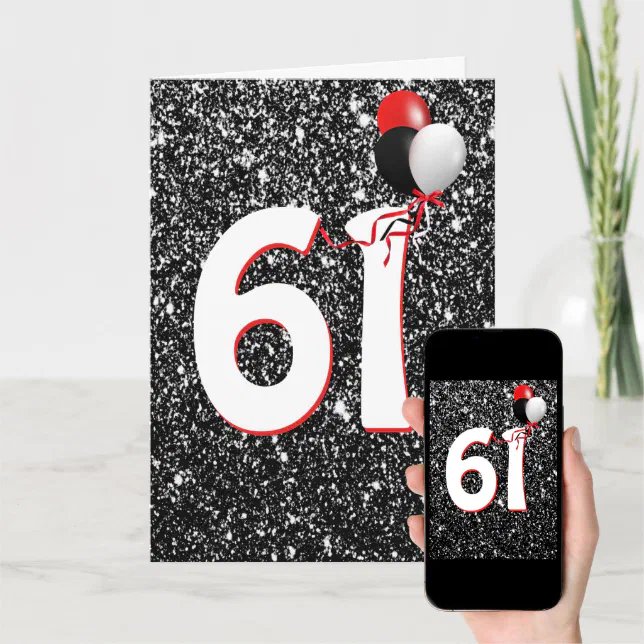 61st Birthday Balloons on Black Glitter Card | Zazzle