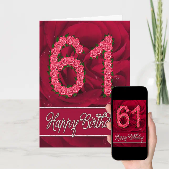 61st birthday card with roses and leaves | Zazzle
