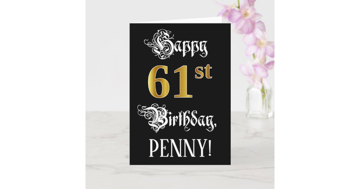61st Birthday — Fancy Script; Faux Gold Look; Name Card | Zazzle