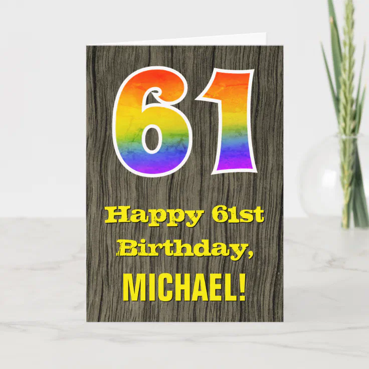 61st Birthday: Rustic Faux Wood Look, Rainbow "61" Card | Zazzle