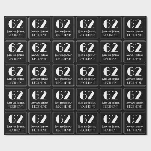 62nd Birthday - Art Deco Inspired Look "62", Name Wrapping Paper | Zazzle
