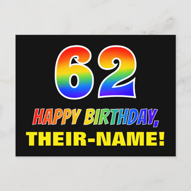62nd Birthday: Bold, Fun, Simple, Rainbow 62 Postcard | Zazzle