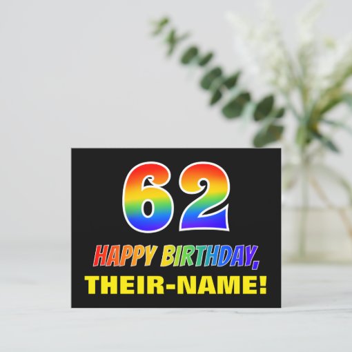 62nd Birthday: Bold, Fun, Simple, Rainbow 62 Postcard | Zazzle