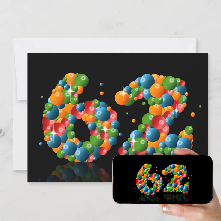 62nd Birthday party, with bubbles and balls Invitation | Zazzle