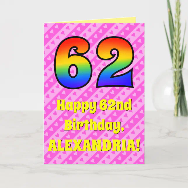 62nd Birthday: Pink Stripes & Hearts, Rainbow # 62 Card | Zazzle