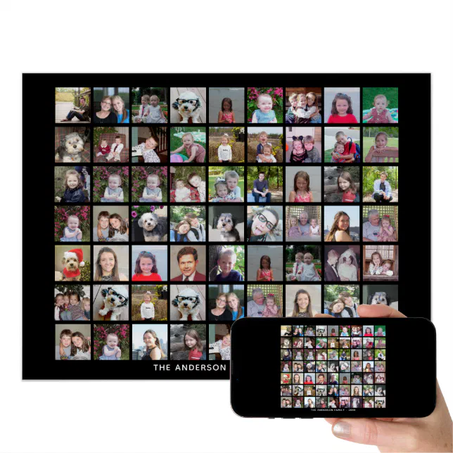 63 Square Photo Collage Grid with Text - black Poster | Zazzle