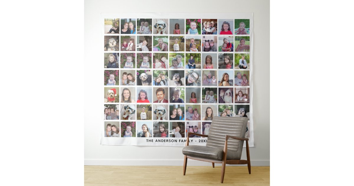 63 Square Photo Collage Grid with Text - white Tapestry | Zazzle