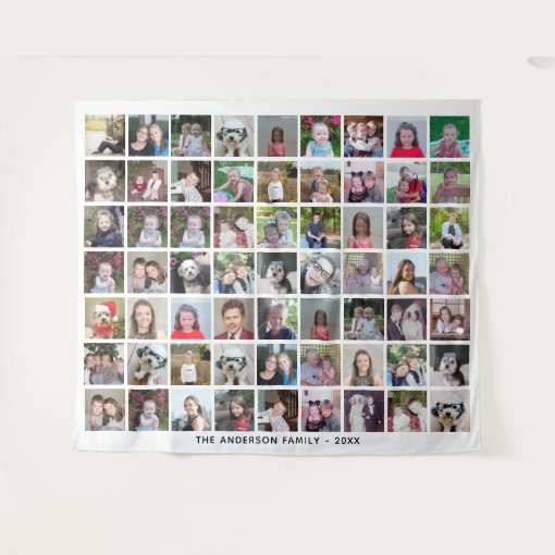 63 Square Photo Collage Grid with Text - white Tapestry | Zazzle